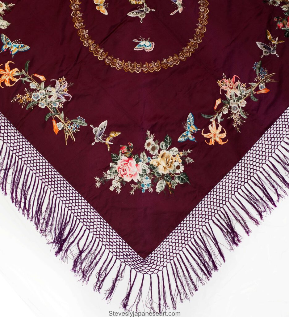 BEAUTIFUL JAPANESE SILK EMBROIDERED SHAWL MEIJI PERIOD - BUTTERFLIES ...