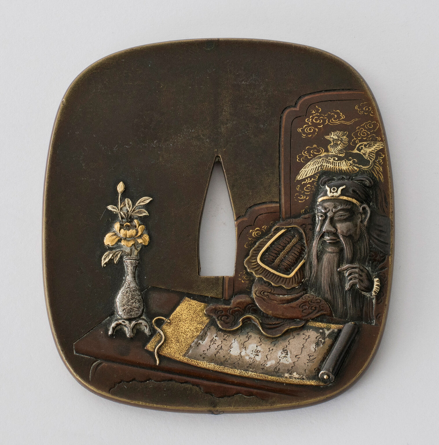 Japanese Shibuichi & Mixed Metal Tsuba Cormorant Fisherman . | Steve ...