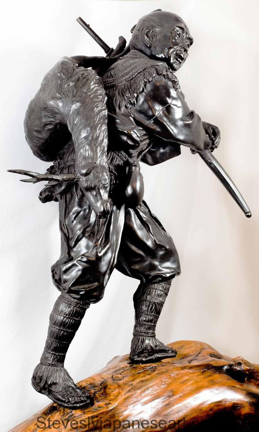 Huge Japanese Bronze Okimono Hunter On a Rootwood Base | Steve Sly Japanese Art