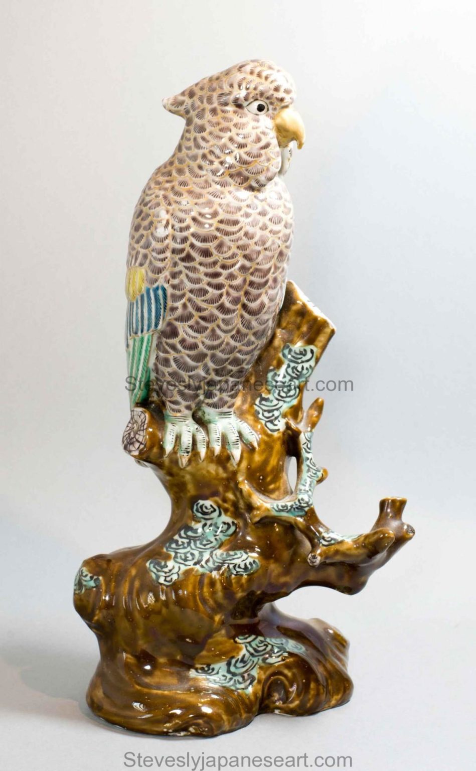 JAPANESE MEIJI PERIOD KUTANI MODEL OF A COCKATIEL ON A TREE STUMP ...