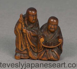 JAPANESE BOXWOOD NETSUKE DEPICTING KANZAN & JITTOKU - SIGNED TOMOKAZU ...
