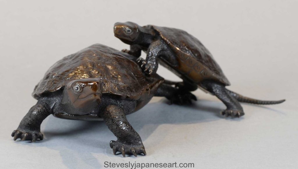 HUMOROUS JAPANESE SIGNED BRONZE TERRAPIN OKIMONO | Steve Sly Japanese Art