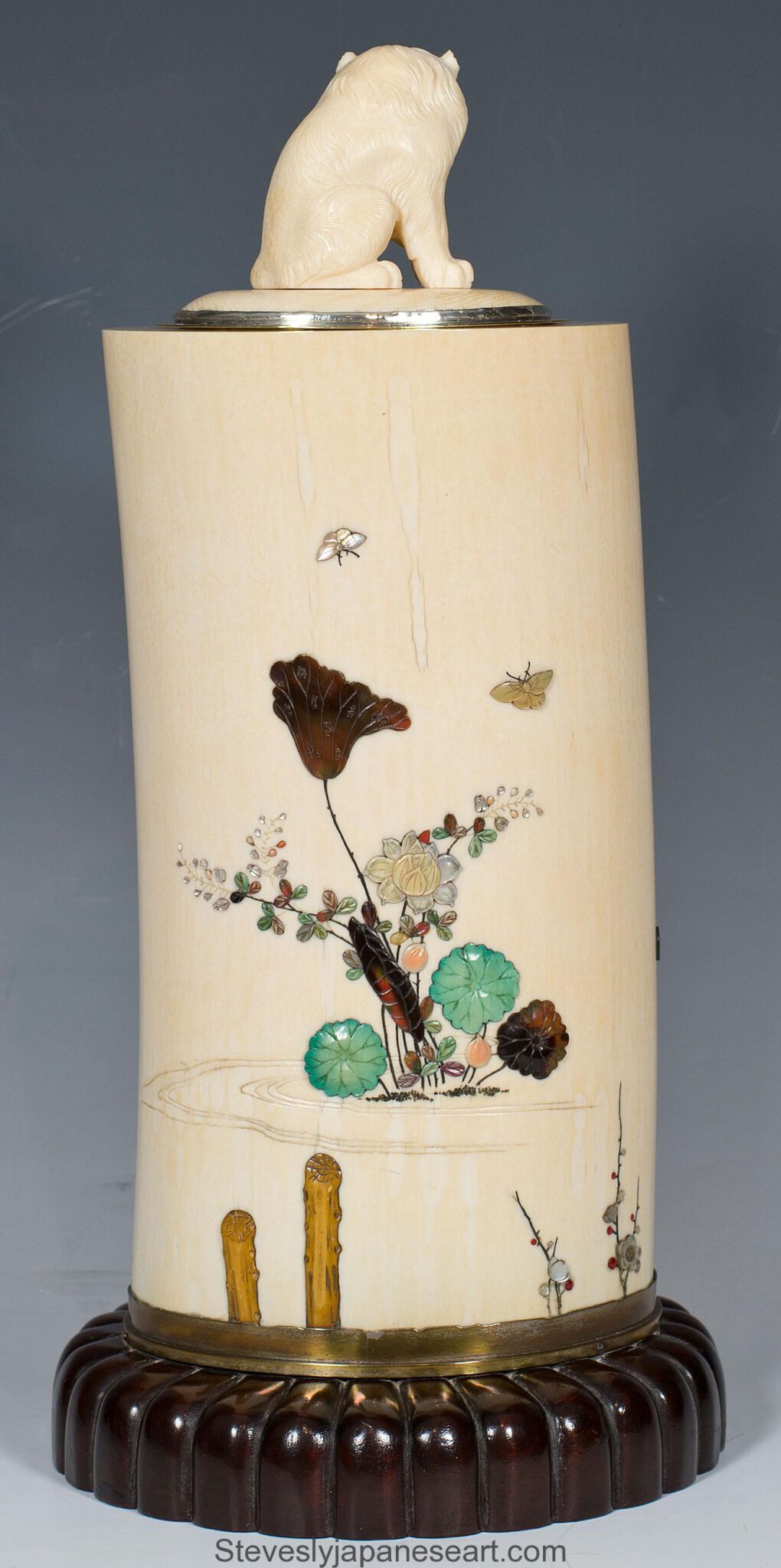 LARGE JAPANESE IVORY & SHIBAYAMA LIDDED TUSK VASE ON STAND - PARROT ...