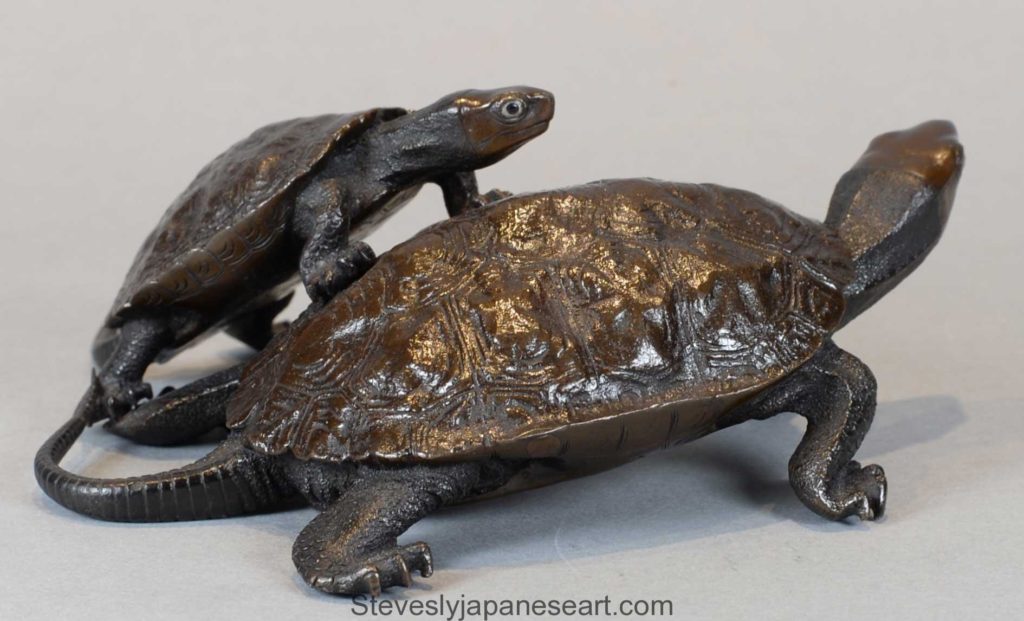 HUMOROUS JAPANESE SIGNED BRONZE TERRAPIN OKIMONO | Steve Sly Japanese Art