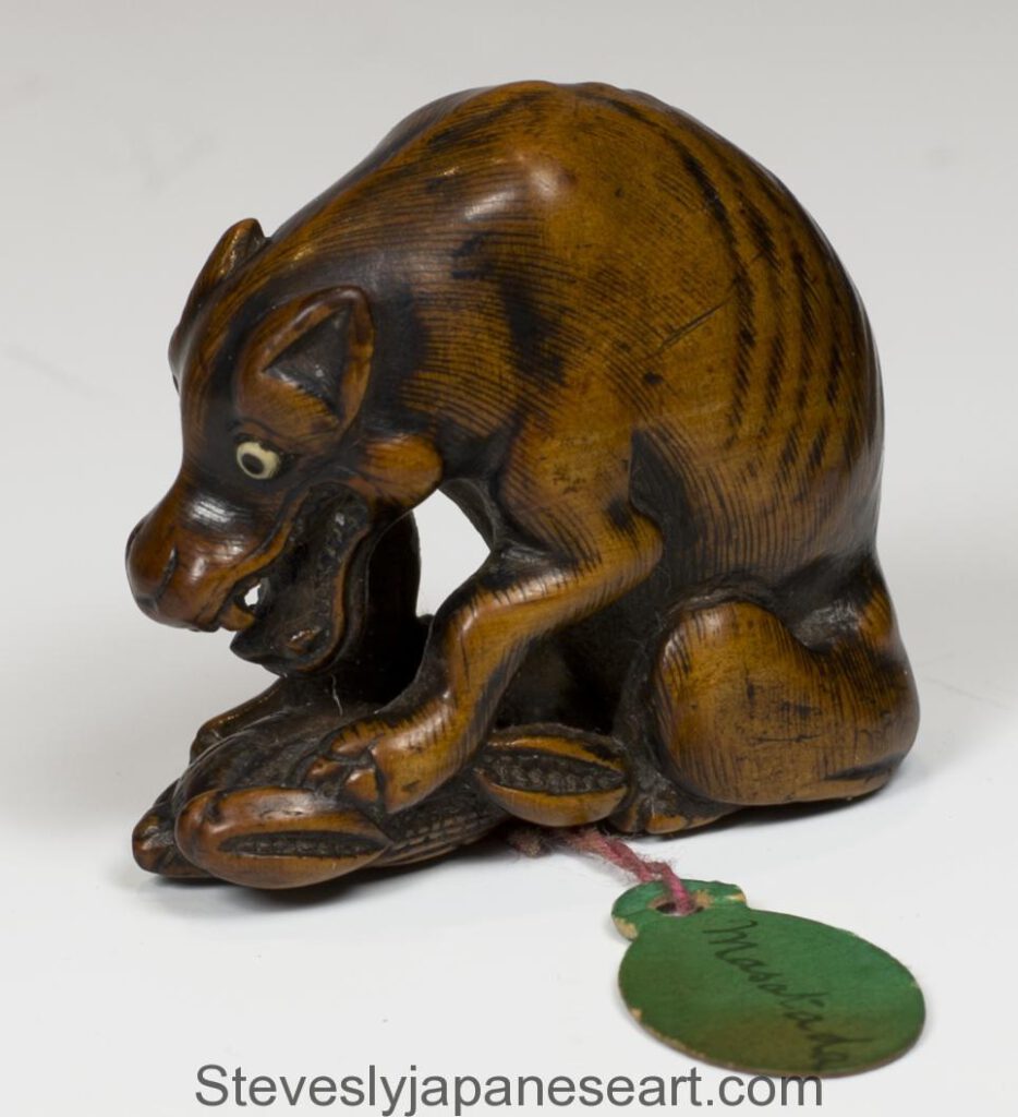 JAPANESE EDO PERIOD CARVED WOOD NETSUKE - WOLF UPON A CRAB - MASATADA ...