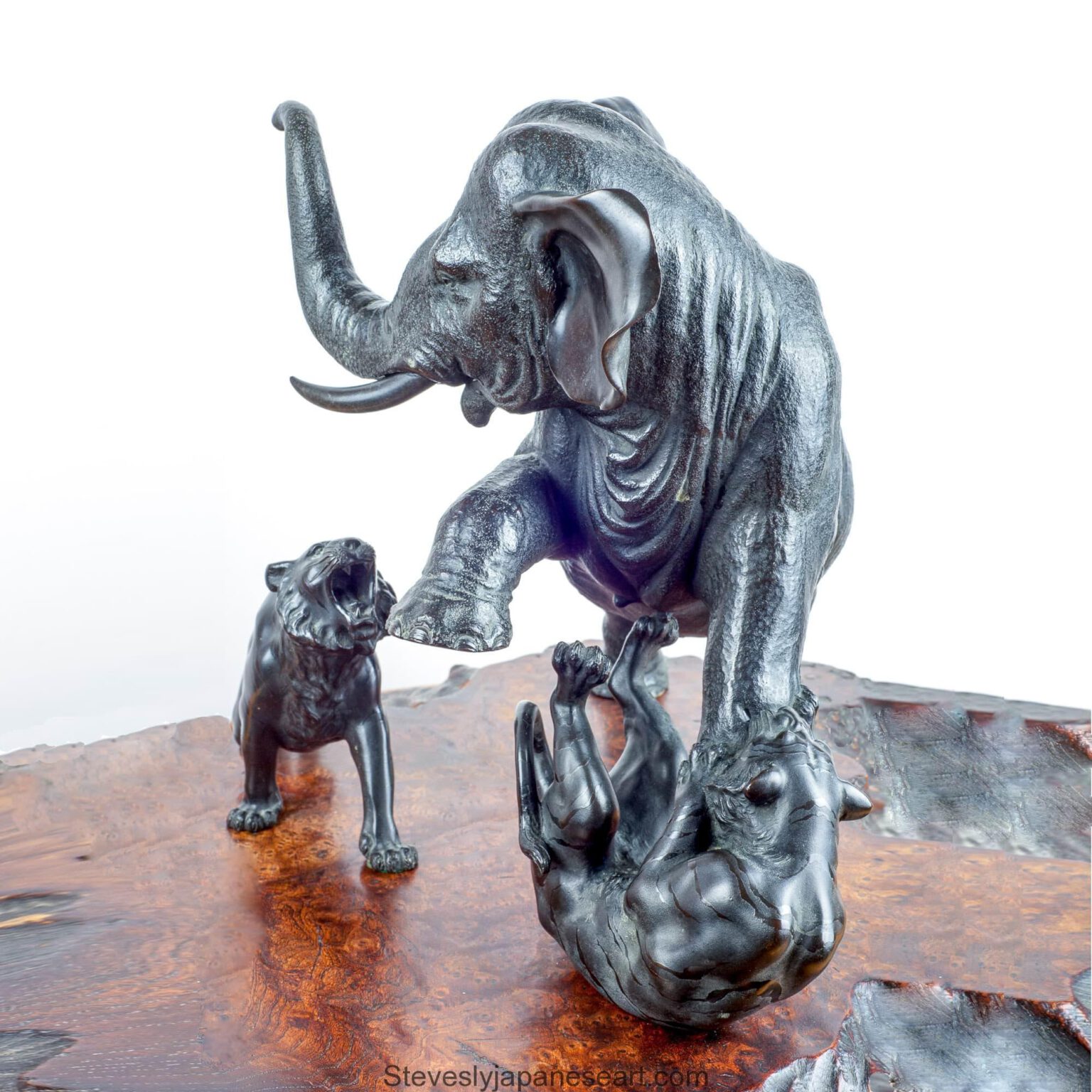 Large Japanese Bronze Elephant and Tiger Okimono by Maruki Company ...