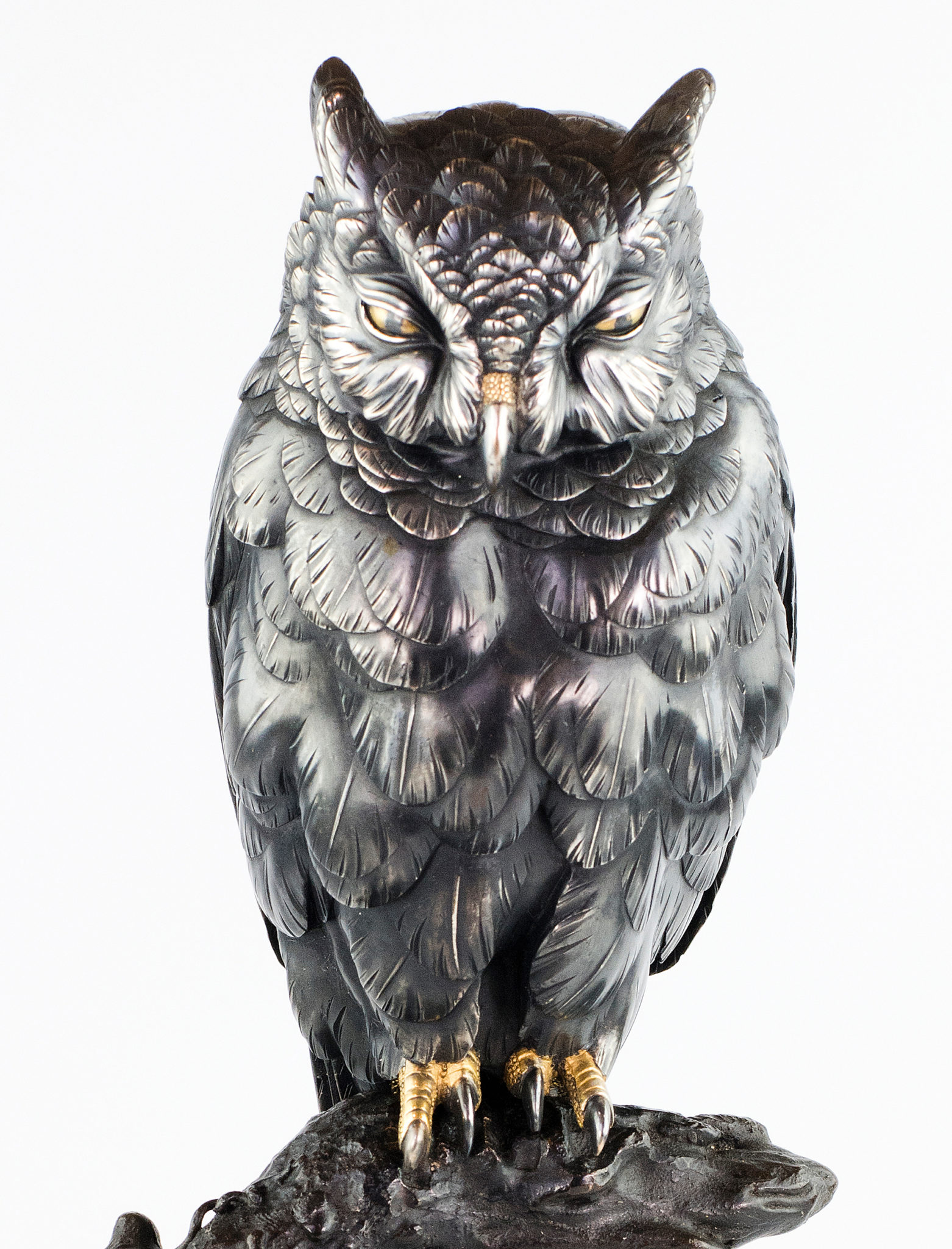 Japanese Silvered Bronze Owl Okimono by Mitani | Steve Sly Japanese Art