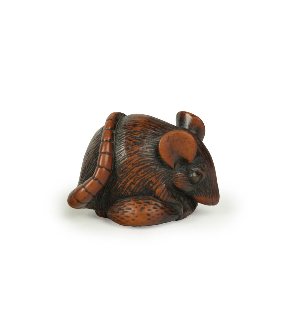 Japanese Boxwood Netsuke Rat Upon Chestnut | Steve Sly Japanese Art