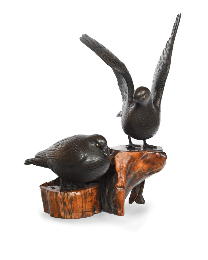Japanese Bronze Doves Okimono by Maruki | Steve Sly Japanese Art