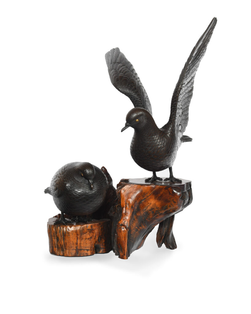 Japanese Bronze Doves Okimono by Maruki | Steve Sly Japanese Art